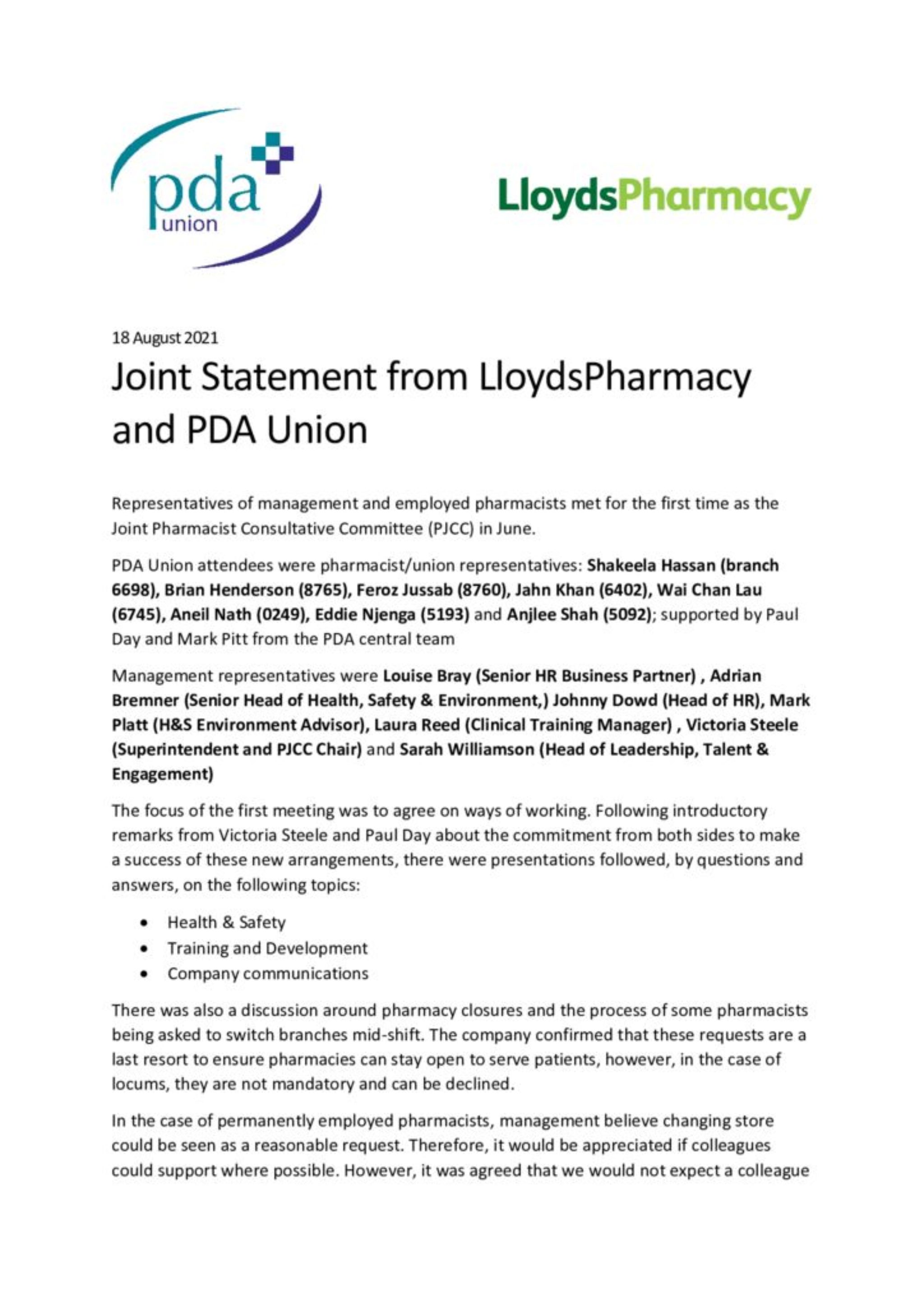Joint statement – LloydsPharmacy and the PDA Union (18 August 2021 ...