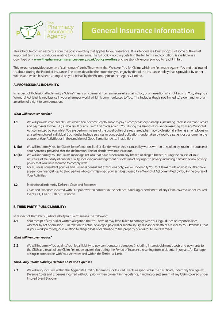 General Insurance Information | The Pharmacists' Defence Association